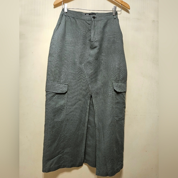 Zara | Skirts | Zara Linen Cotyon Blend Cargo Midi Skirt Khaki Olive ...